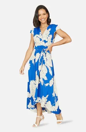 YUMI Yumi Blossom Print Dipped Hem Wrap Midi Dress Blue