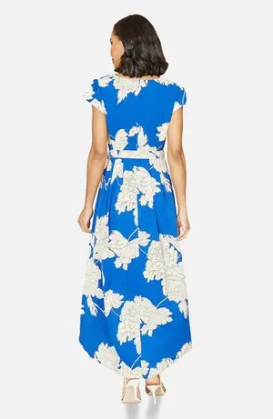 YUMI Blossom Print Dipped Hem Wrap Midi Dress - Blue