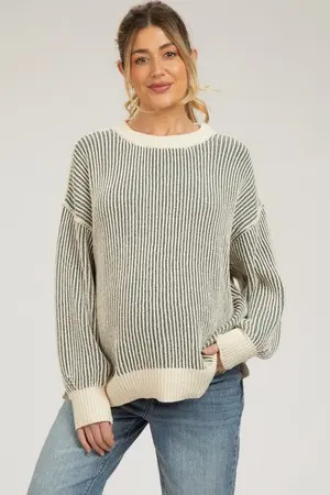PINKBLUSH Ribbed Balloon Sleeve Sweater - Olive Green