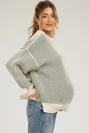 PINKBLUSH Ribbed Balloon Sleeve Sweater - Olive Green