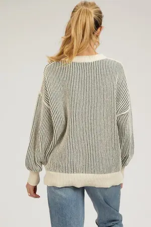 PINKBLUSH Ribbed Balloon Sleeve Sweater - Olive Green