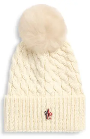Moncler Cable Knit Virgin Wool Beanie With Faux Fur Pom - Off White
