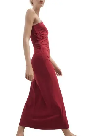Mango Ruched One-shoulder Maxi Dress - Burgundy