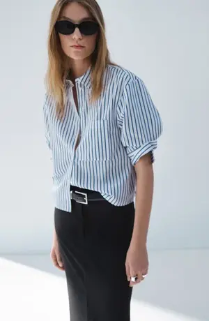 Mango Stripe Crop Button-up Shirt