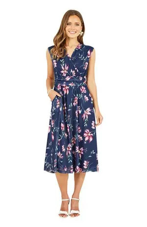 YUMI Floral Print Mesh Stretch Midi Dress - Navy