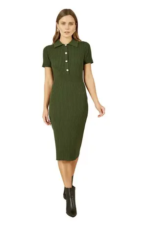 YUMI Fitted Rib Knitted Midi Dress - Green