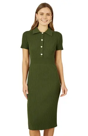 YUMI Fitted Rib Knitted Midi Dress - Green