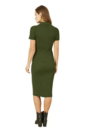 YUMI Fitted Rib Knitted Midi Dress - Green