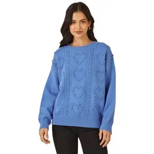 YUMI Heart Detail Relaxed Knit Sweater - Blue