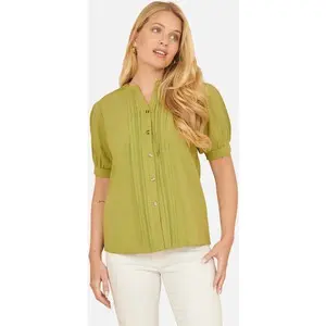 YUMI Cotton Pleated Short Sleeve Shirt - Green