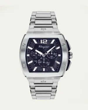 FERRAGAMO F-80 Tonneau Chronograph Stainless Steel Bracelet Watch - Blue Silver