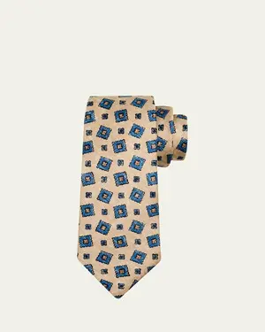 Kiton Geometric Abstract Print 7-Fold Necktie Beige