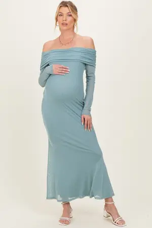 PINKBLUSH Mesh Overlay Off Shoulder Long Sleeve Midi Dress - Light Blue