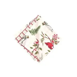 C&F HOME Red Cardinal & Evergreen Sprigs 100% Cotton Set Of 6 Cloth Napkins - White