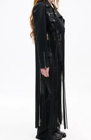 AZALEA WANG Fringe Faux Leather Moto Jacket