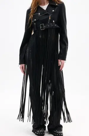 AZALEA WANG Fringe Faux Leather Moto Jacket