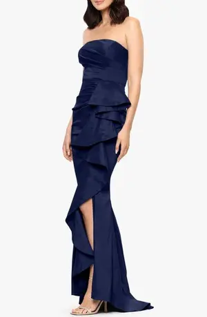 Betsy & Adam Strapless Cascade Ruffle Gown - Navy