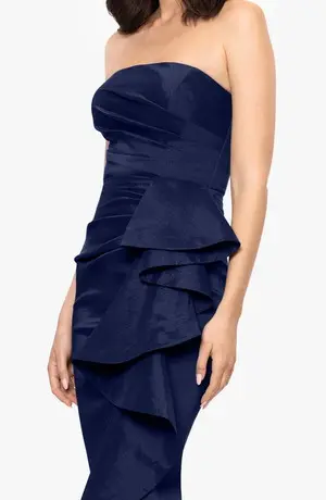 Betsy & Adam Strapless Cascade Ruffle Gown - Navy