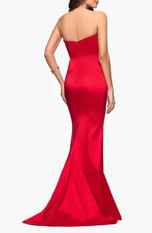 Betsy & Adam Strapless Cascade Ruffle Gown