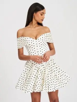 MISS CIRCLE NEW YORK Edeline Polka Dot Off-shoulder Mini Dress - White