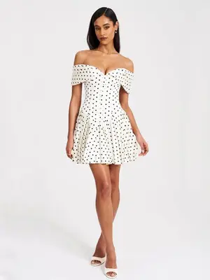 MISS CIRCLE NEW YORK Edeline Polka Dot Off-shoulder Mini Dress - White