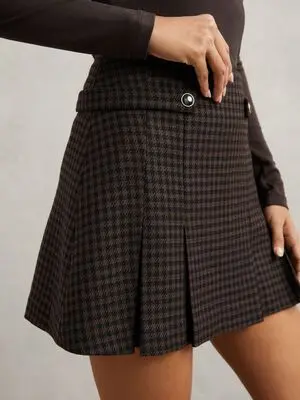 REISS Elle Wool-blend Check Mini Skirt - Black/brown