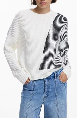 Desigual Stripe Crewneck Cotton-blend Sweater - Off White
