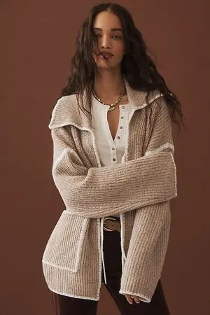 FLAT WHITE Collared Whipstitch Cardigan Sweater - Taupe