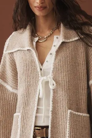 FLAT WHITE Collared Whipstitch Cardigan Sweater - Taupe