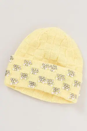 Maeve Checkered Crystal Beanie - Butter Yellow