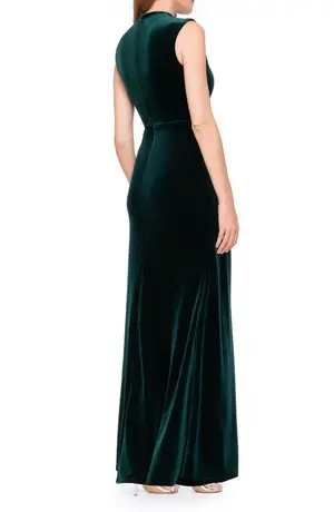 Betsy & Adam Ruched Velvet Column Gown - Hunter