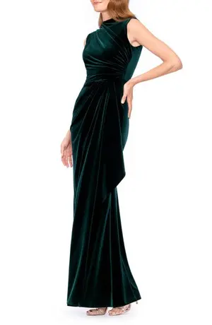 Betsy & Adam Ruched Velvet Column Gown - Hunter