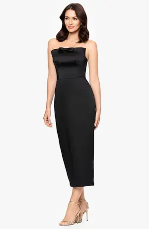 Betsy & Adam Curve Bow Strapless Midi Gown