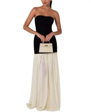 black strapless cream chiffon maxi dress Soleil