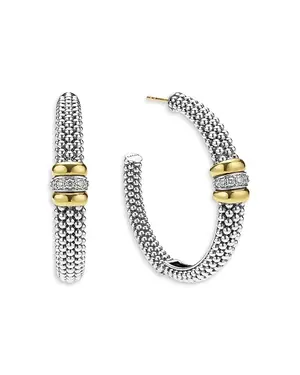 Lagos 18k Yellow Gold & Sterling Signature Caviar Diamond Hoop Earrings - Silver
