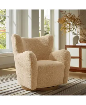 MODWAY Montrose Wingback Sherpa Swivel Accent Chair - Ivory/walnut