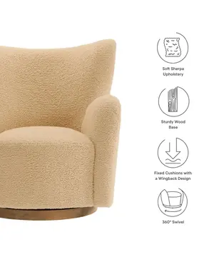 MODWAY Montrose Wingback Sherpa Swivel Accent Chair - Ivory/walnut