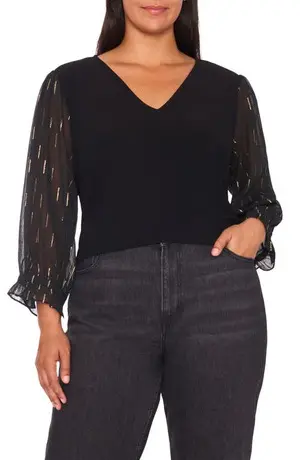 CECE DUPRAZ Foil Clip Sleeve V-neck Mixed Media Top
