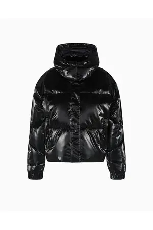 EA7 Shiny Nylon Hooded Bomber Jacket - Black