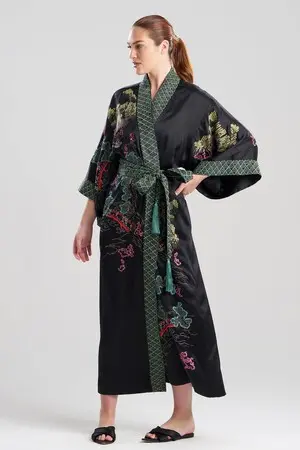 Natori Couture Nara Silk Robe - Black / Floral / Multicolor