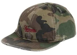 Supreme Distressed Script 6-panel Cap - Woodland Camo