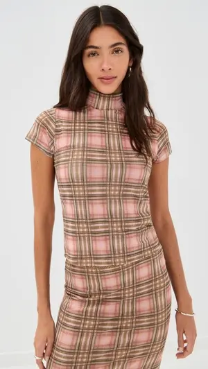 ANOTHER GIRL Plaid Print Mesh Top