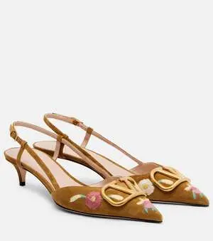 Valentino Garavani Vlogo Embroidered Suede Slingback Pumps - Beige