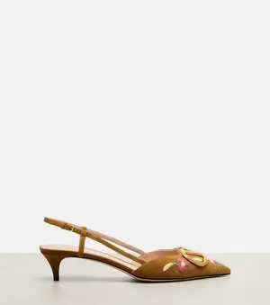 Valentino Garavani Vlogo Embroidered Suede Slingback Pumps - Beige