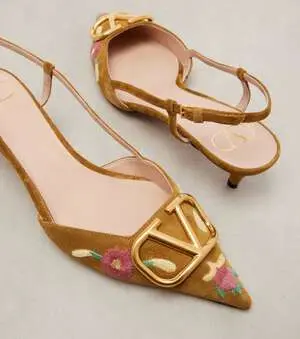 Valentino Garavani Vlogo Embroidered Suede Slingback Pumps - Beige