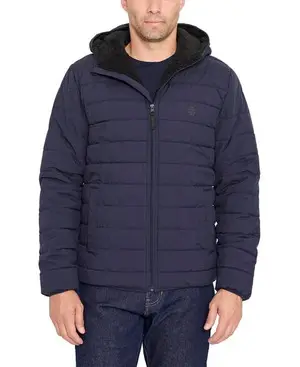 IZOD Hooded Stretch Puffer Jacket With Fleece Lining - Navy