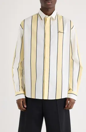 Jacquemus La Chemise Simon Stripe Button-up Shirt - Print Stripes White /yellow