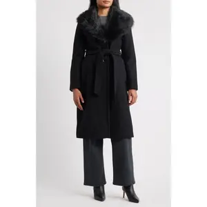 Sam Edelman Belted Coat With Faux Fur Collar - Black