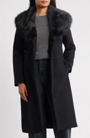 Sam Edelman Belted Coat With Faux Fur Collar - Black