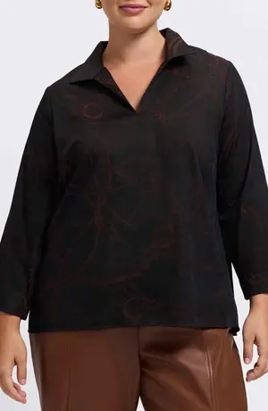 Foxcroft Agnes Printed Popover Top - Coffee Brown/black
